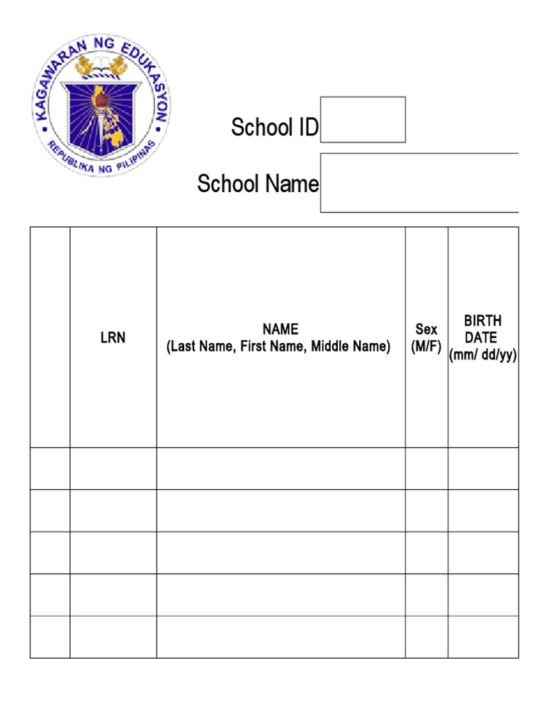 School ID Region School Name: School Form 1 (SF 1) School Register ...