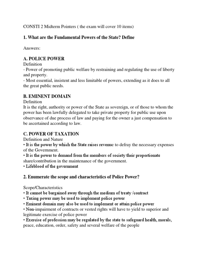 CONSTI 2 Midterm Pointers | PDF | Eminent Domain | Police Power (United ...