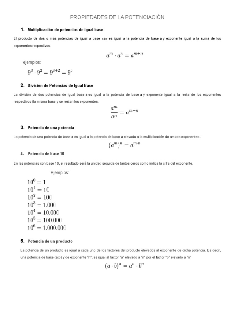 Propiedades de La Potenciación Ejercicios | PDF | Exponenciación | Multiplicación