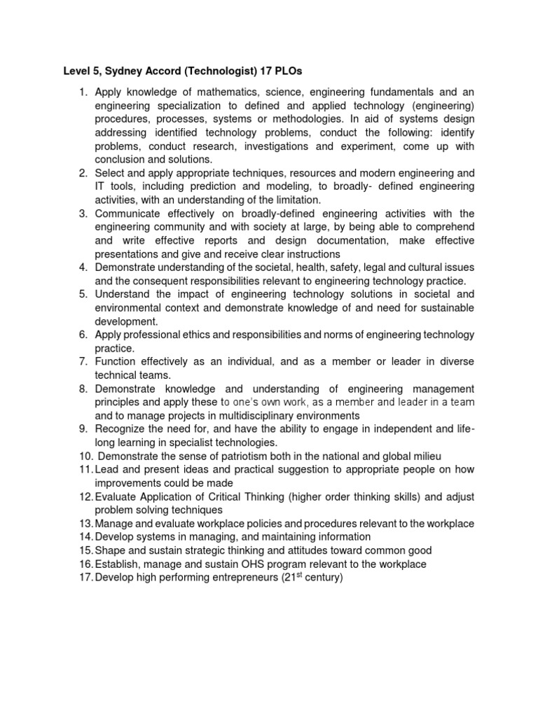Level 5, Sydney Accord (Technologist) 17 Plos | PDF | Engineering | Design