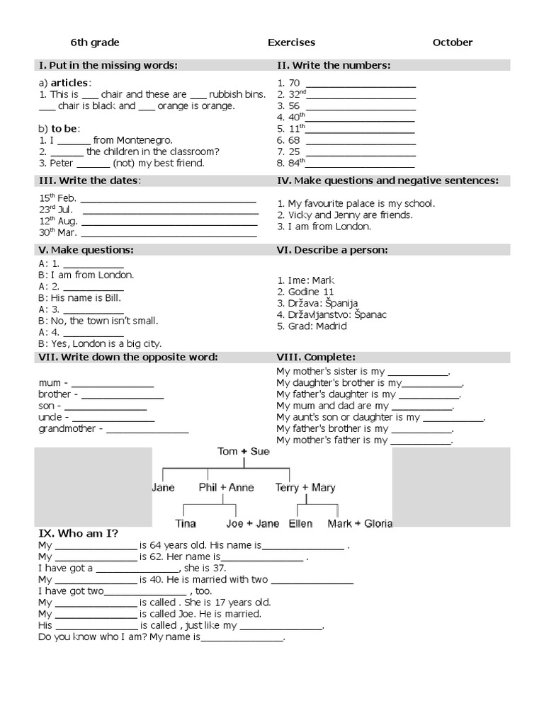 6th Grade Exercises October I. Put in The Missing Words: II. Write The ...