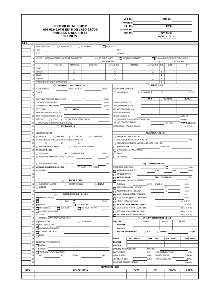 Centrifugal Pump API 610 10TH EDITION / ISO 13709 Process Data Sheet Si ...
