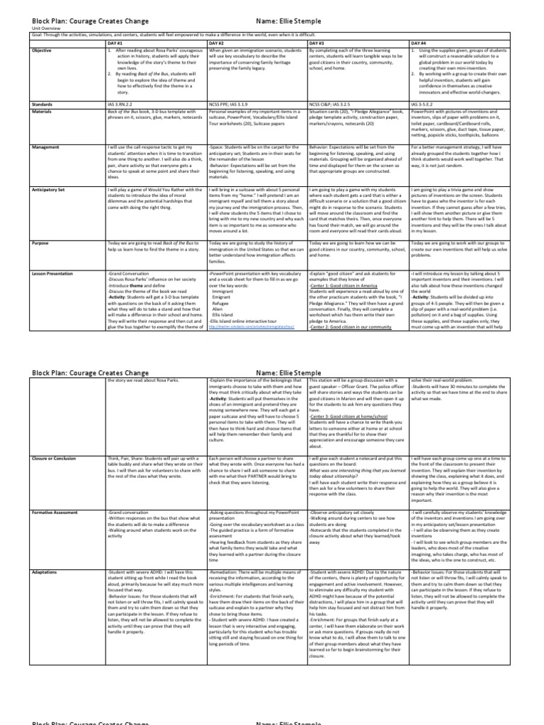 Block Plan: Courage Creates Change Name: Ellie Stemple: DAY #1 DAY #2 ...