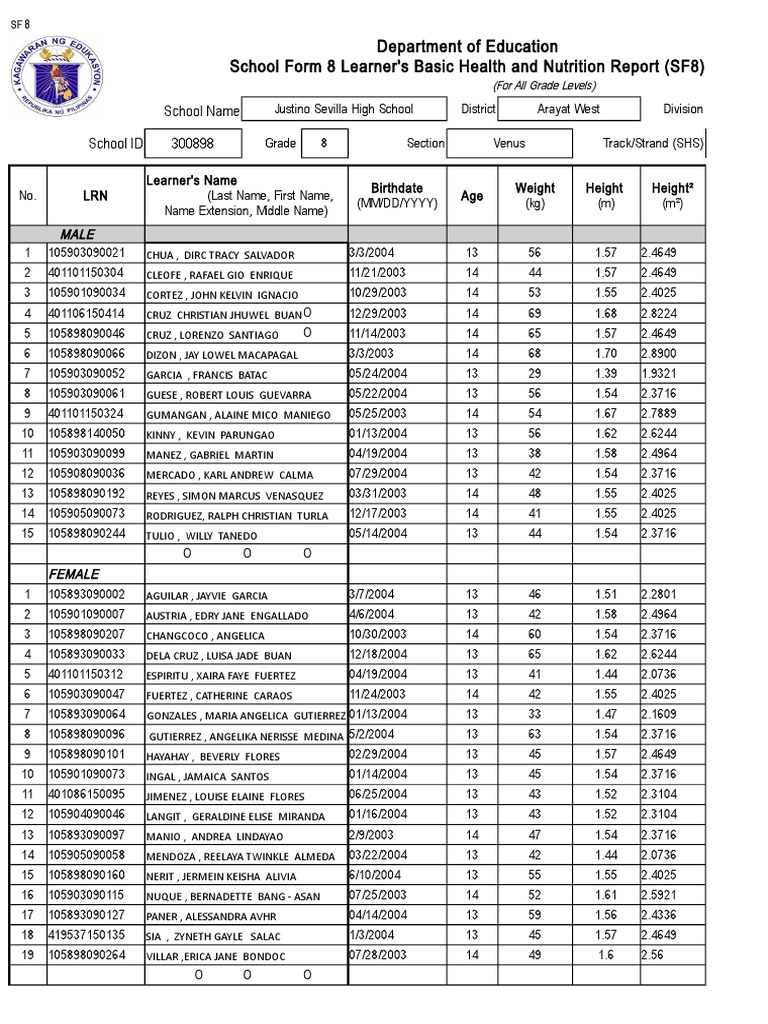 Department of Education School Form 8 Learner's Basic Health and ...