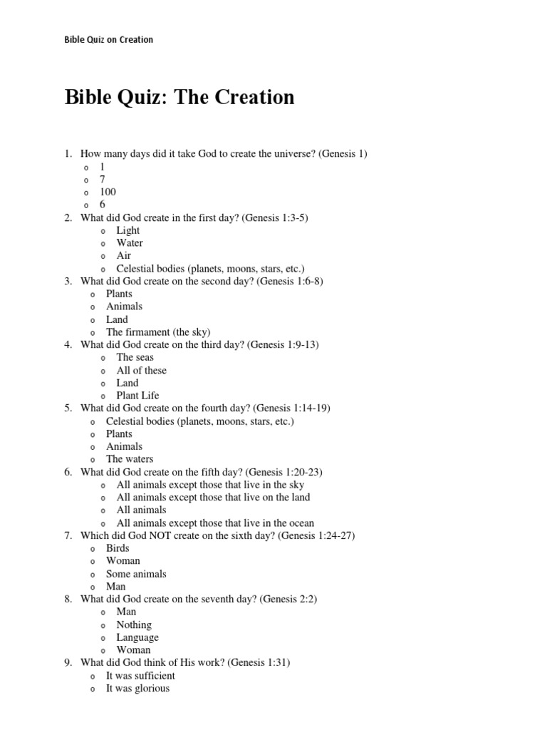 Bible Quiz On Creation | PDF | Genesis Creation Narrative | Mythology