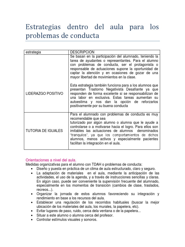 Estrategias Dentro Del Aula Para Los Problemas de Conducta ...