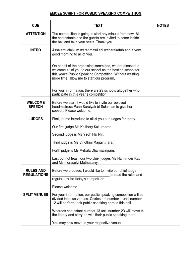 Emcee Script For Public Speaking Competition | PDF