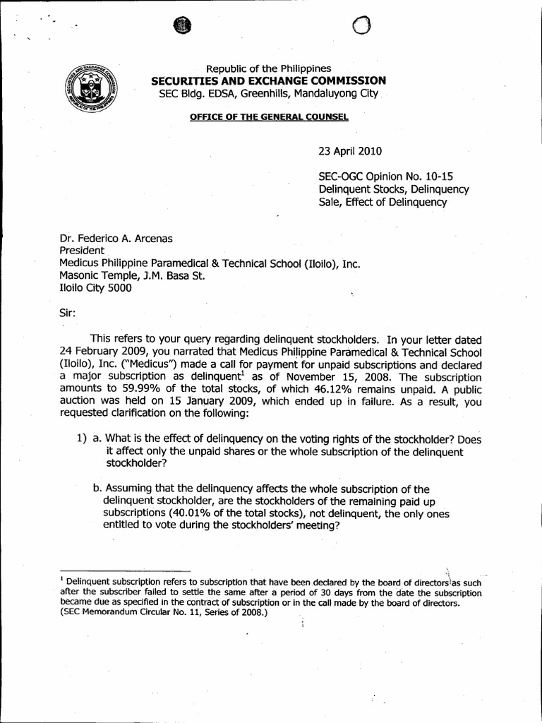 SEC OGC Opinion 10-15 Indivisibility of Subscription | PDF ...