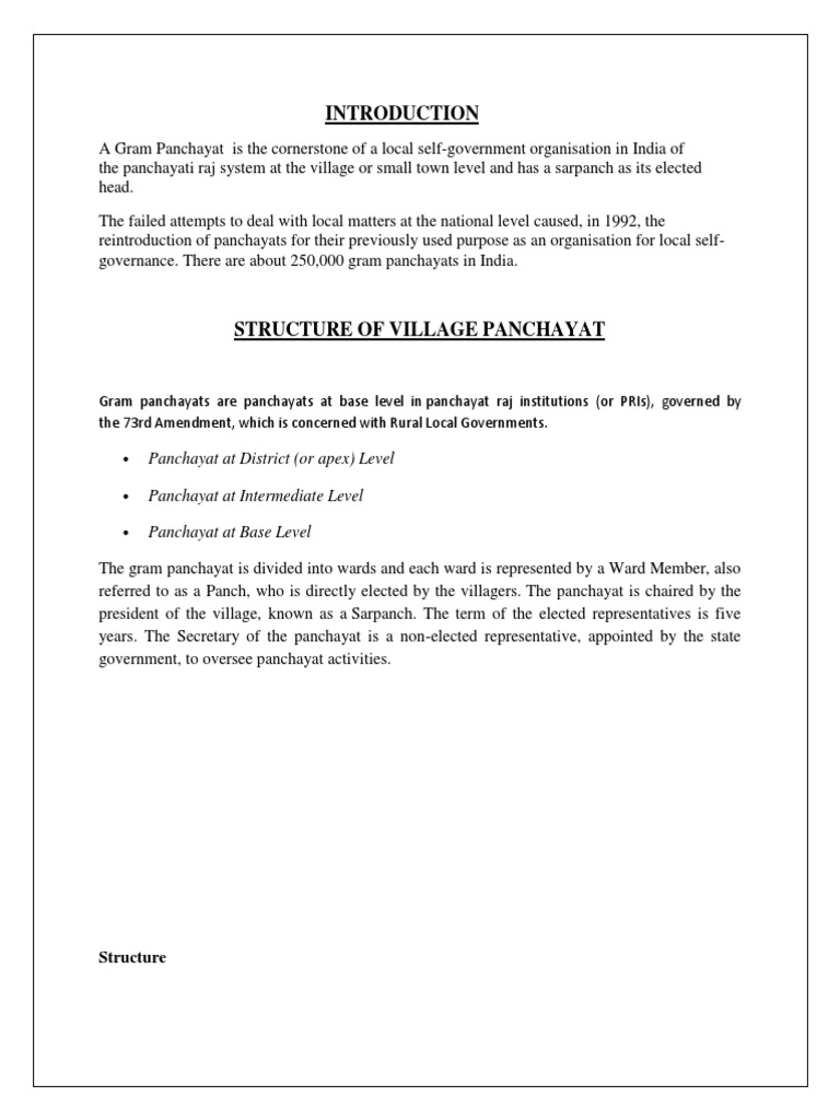 Panchayat at District (Or Apex) Level Panchayat at Intermediate Level ...