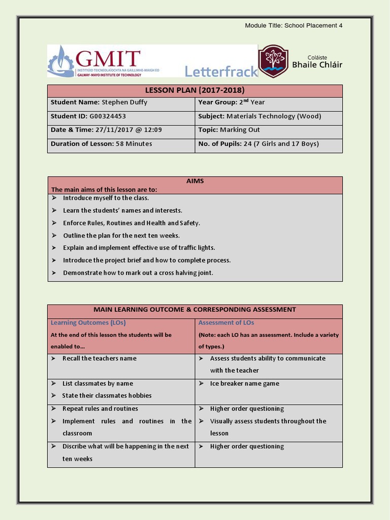 LESSON PLAN (2017-2018) : The Main Aims of This Lesson Are To | PDF ...