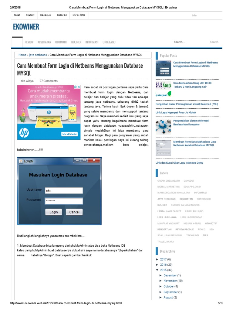 Cara Membuat Form Login Di Netbeans Menggunakan Database MYSQL - Ekowiner | PDF