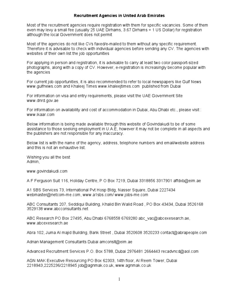 Uae Recruitment Agencies Directory Pdf United Arab Emirates Dubai