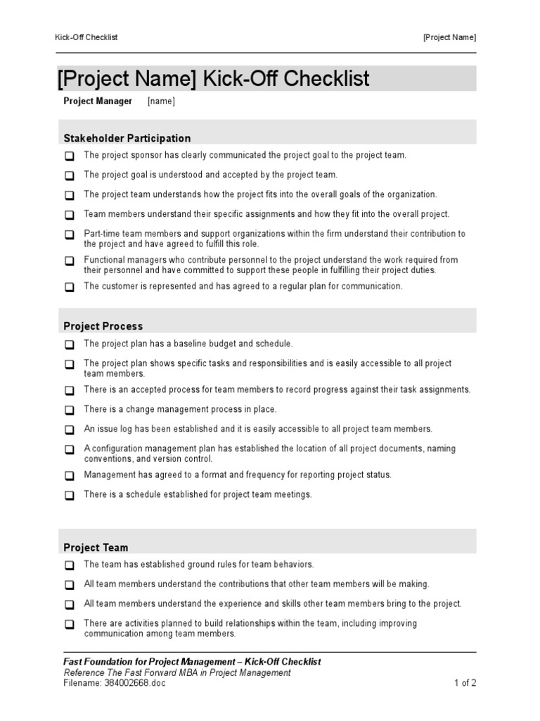 (Project Name) Kick-Off Checklist: Stakeholder Participation | PDF ...
