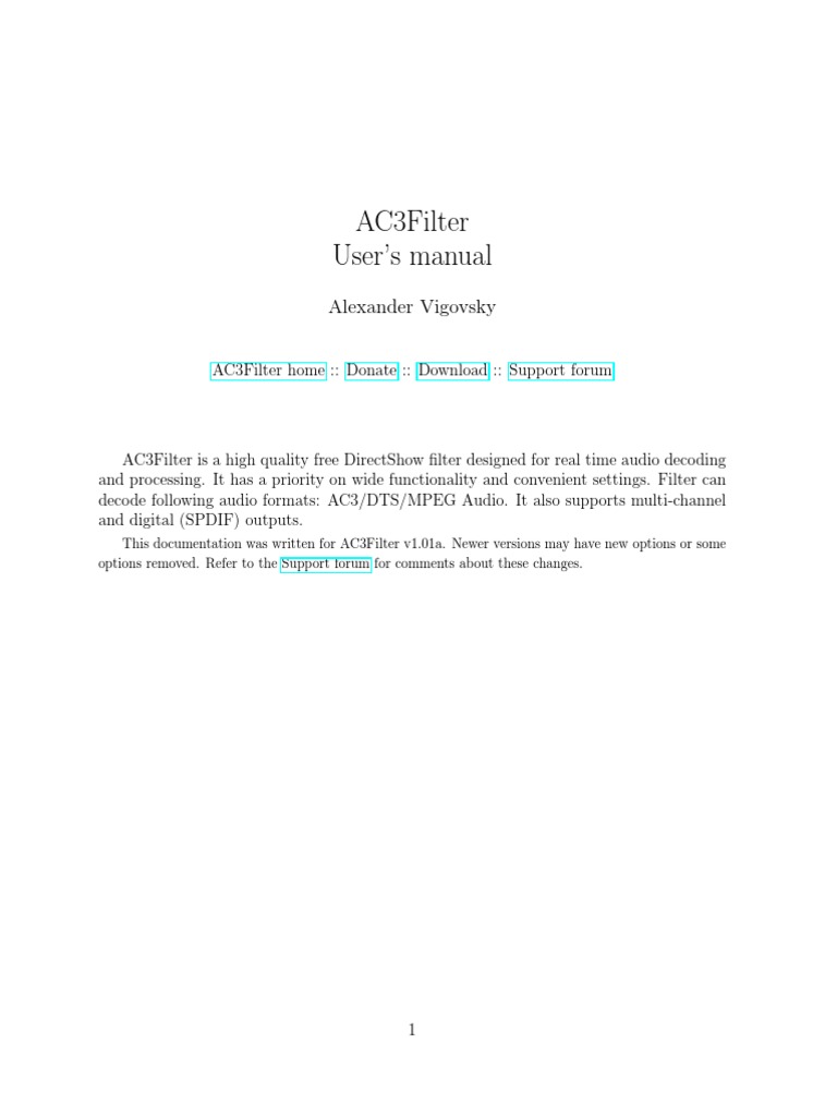 AC3Filter User's Manual: Alexander Vigovsky | PDF | Loudspeaker | Codec