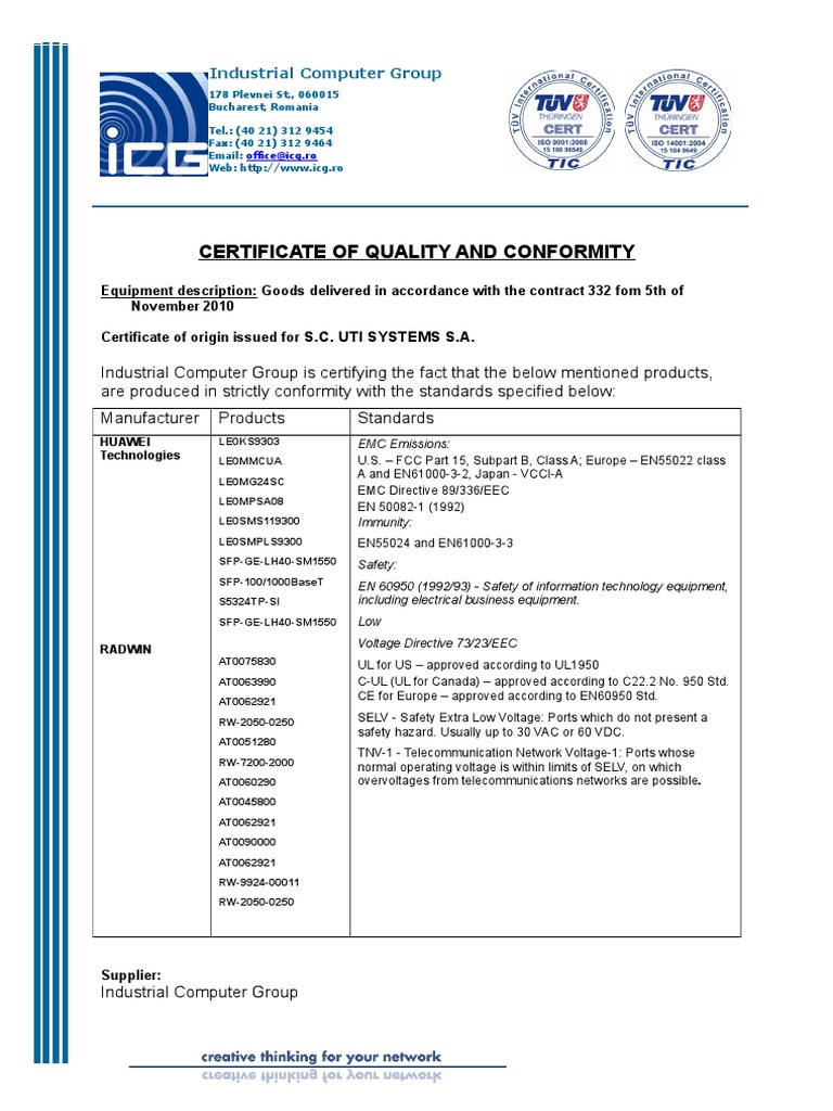 Certificate Quality 29112010 | PDF | Electromagnetic Compatibility ...
