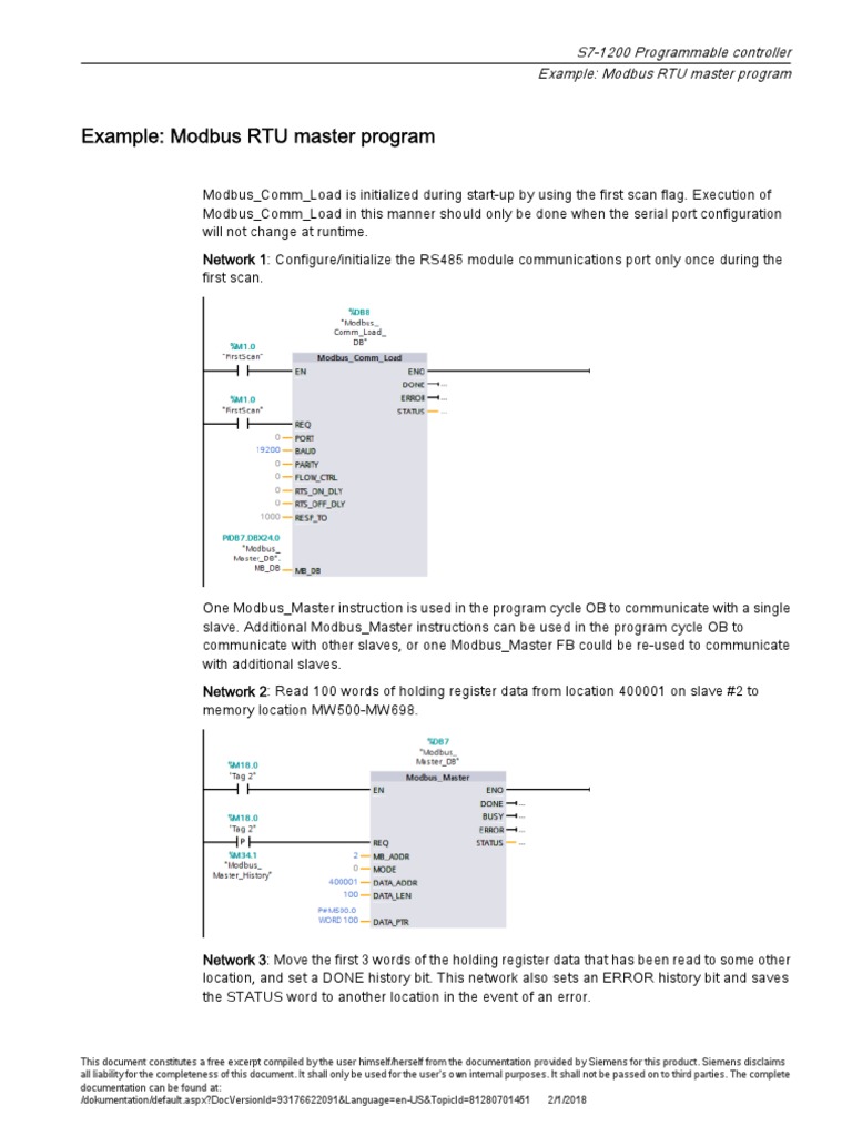 S7-1200 Programmable Controller - Example - Modbus RTU Master Program | PDF | Computing | Software