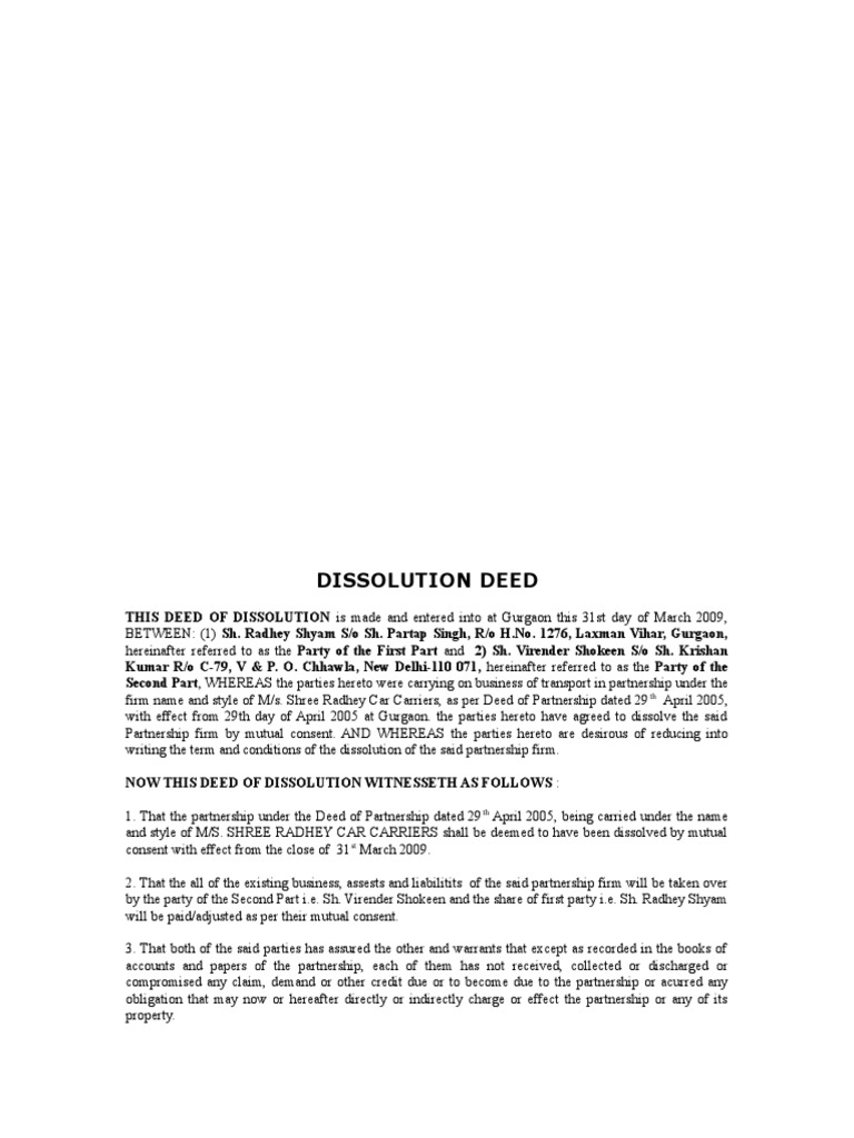 Dissolution Deed | Partnership | Indemnity