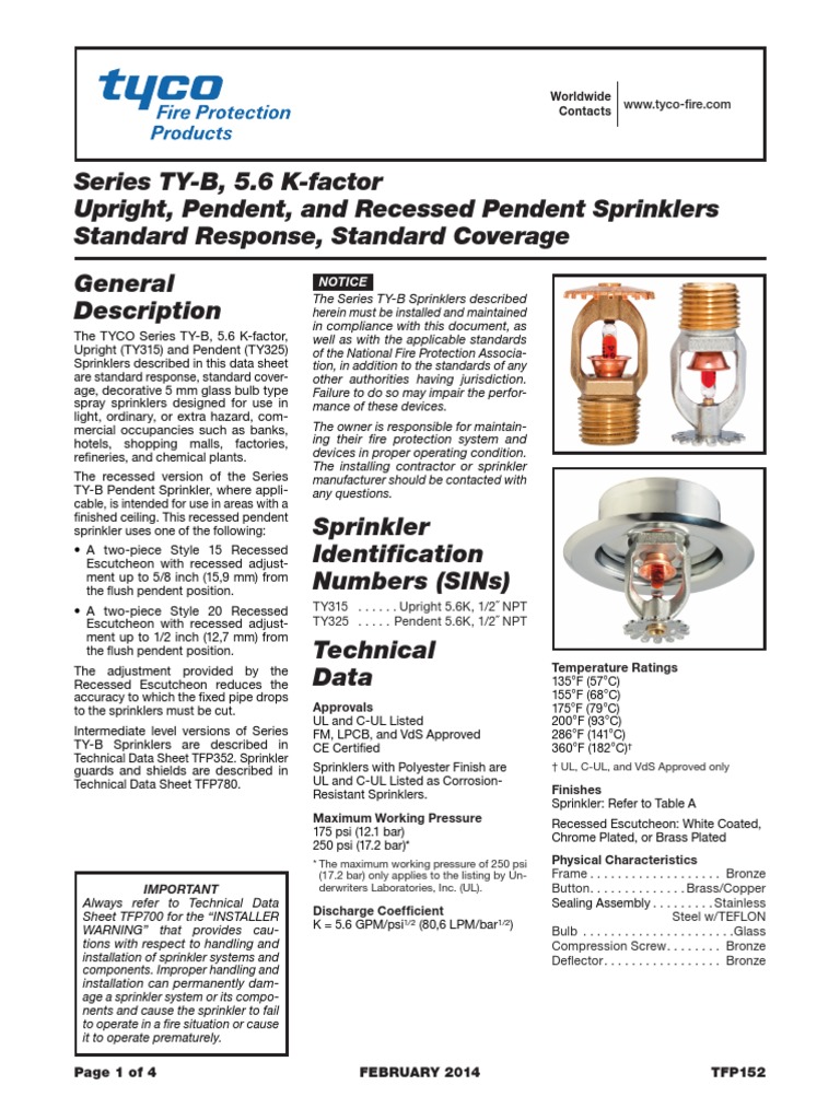 Dau Sprinklers TYCO - TY315 | PDF | Fire Sprinkler System | Building ...