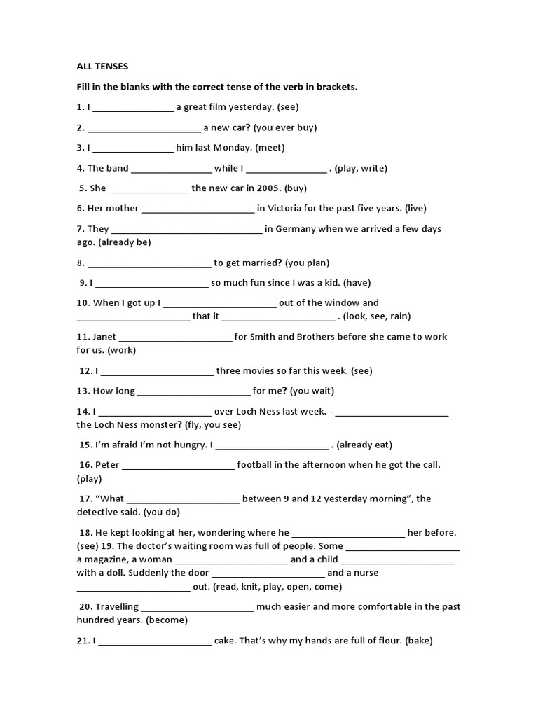 All Tenses Fill in The Blanks With The Correct Tense of The Verb in ...