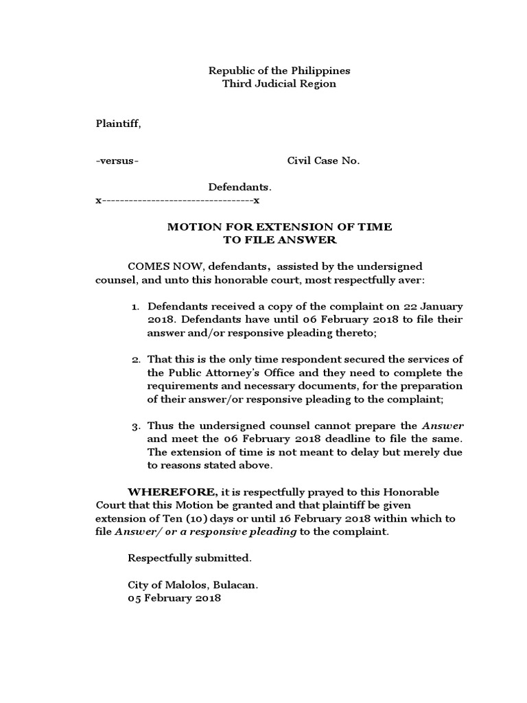 Motion For Extension of Time To File Answer | PDF