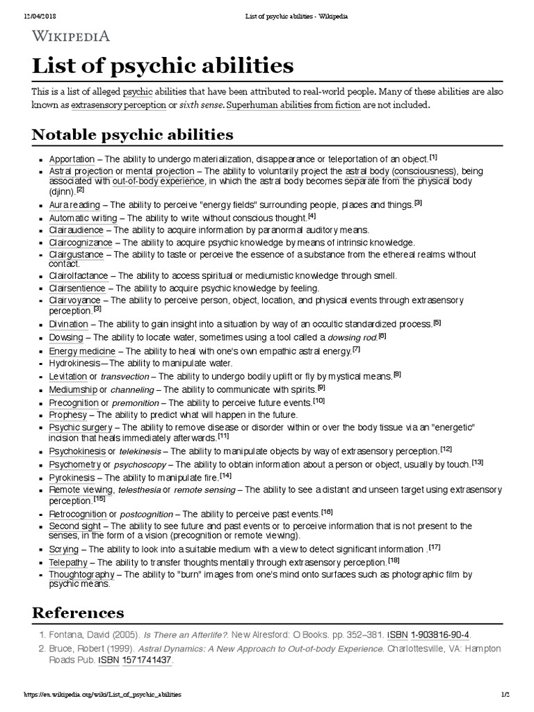 List of Psychic Abilities - Wikipedia | PDF | Extrasensory Perception ... List of Psychic Abilities - Wikipedia | PDF | Extrasensory Perception ...