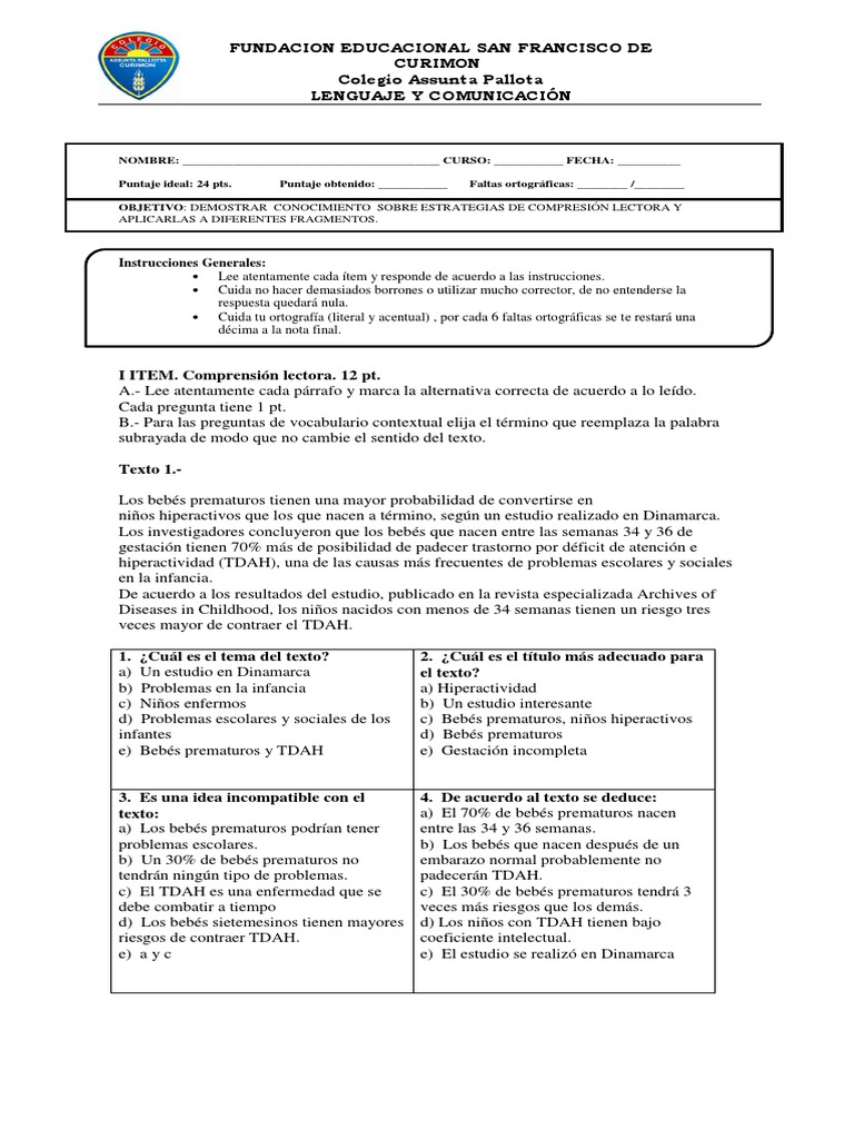 Comprension Lectora - Prueba 2 Segundo Medio FORMA A | PDF | Desorden ...