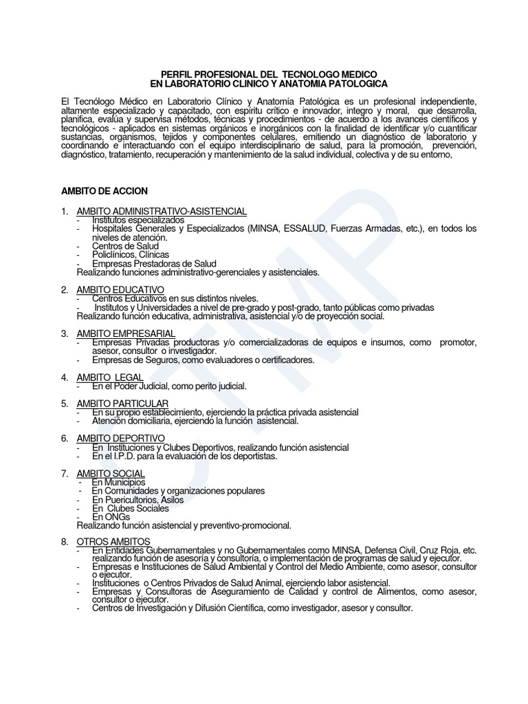 Perfil Profesional Del Tecnologo Medico en Laboratorio Clinico y ...