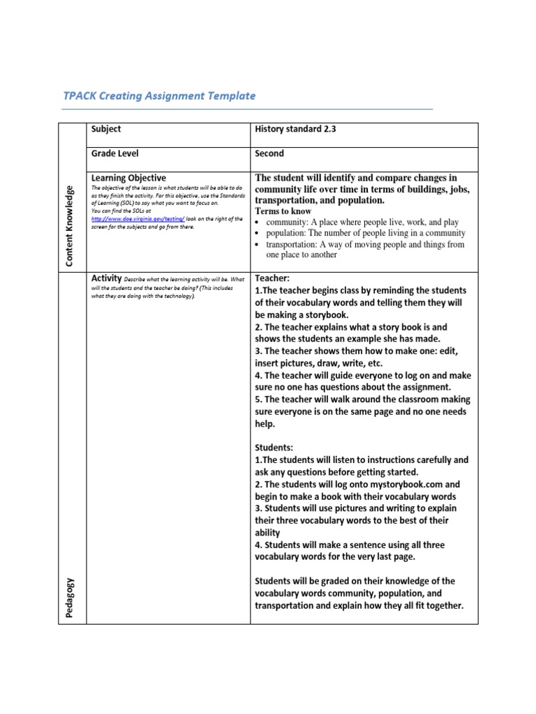 Tpack Template Lesson 1 sp18 1 | PDF | Vocabulary | Students