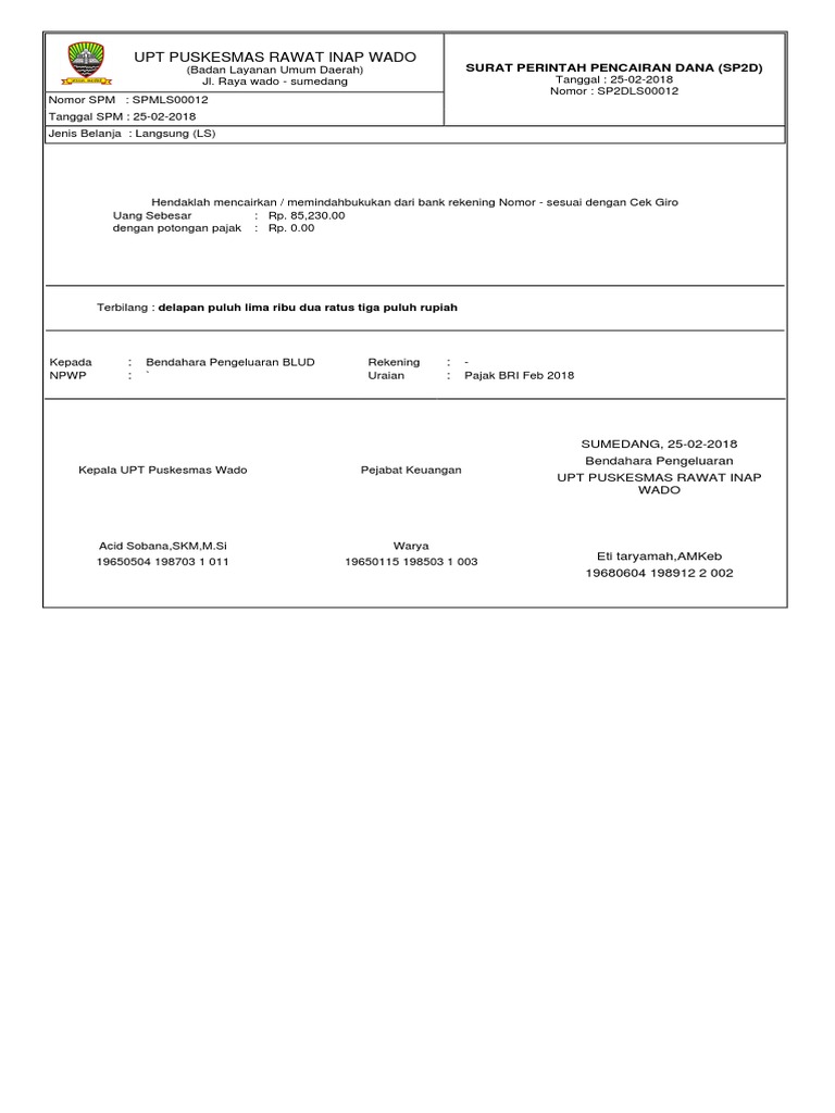 Contoh Laporan - SP2D | PDF