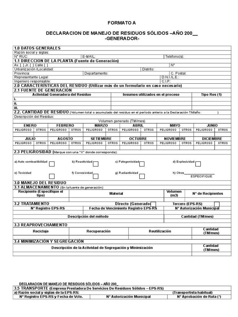 Formato A Declaración Anual de Manejo de Residuos Sólidos” y ...