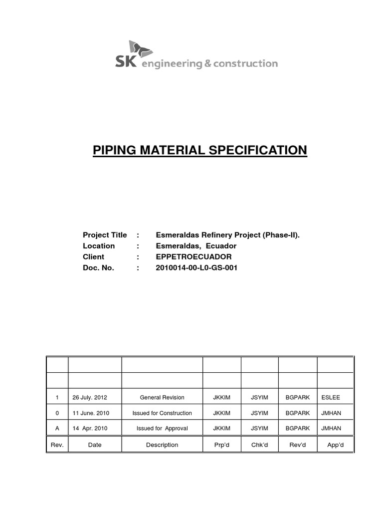 Piping Material Specification 2010014 00 l0 Gs 001 | Pipe (Fluid ...