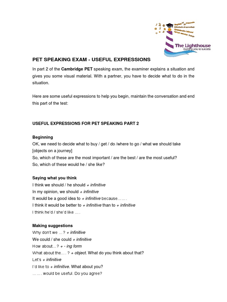 PET SPEAKING EXAM Phrases | PDF