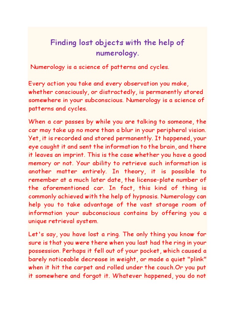 Finding Lost Objects With The Help of Numerology | PDF | Information | Memory