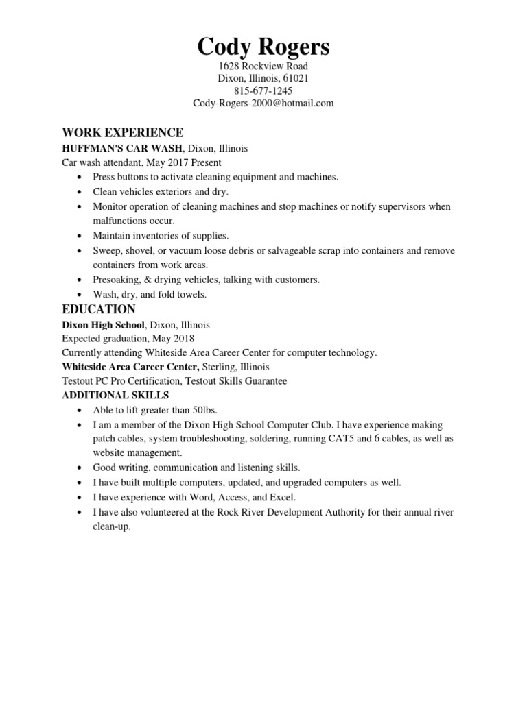 Cody Rogers: Car Wash Attendant Resume | PDF