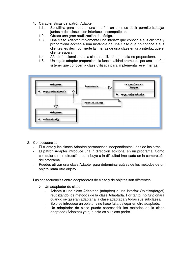 Características Del Patrón Adapter | PDF | Objeto (informática) | Clase (Programación informática)