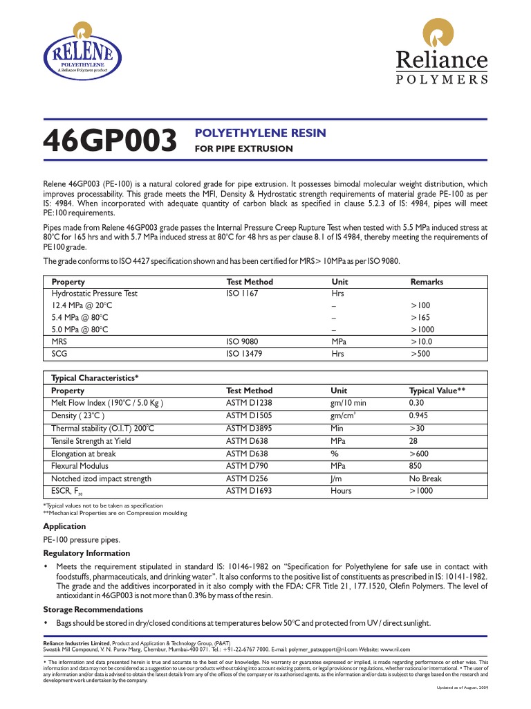 Relene - Pe 46GP003 | PDF | Pascal (Unit) | Polyethylene