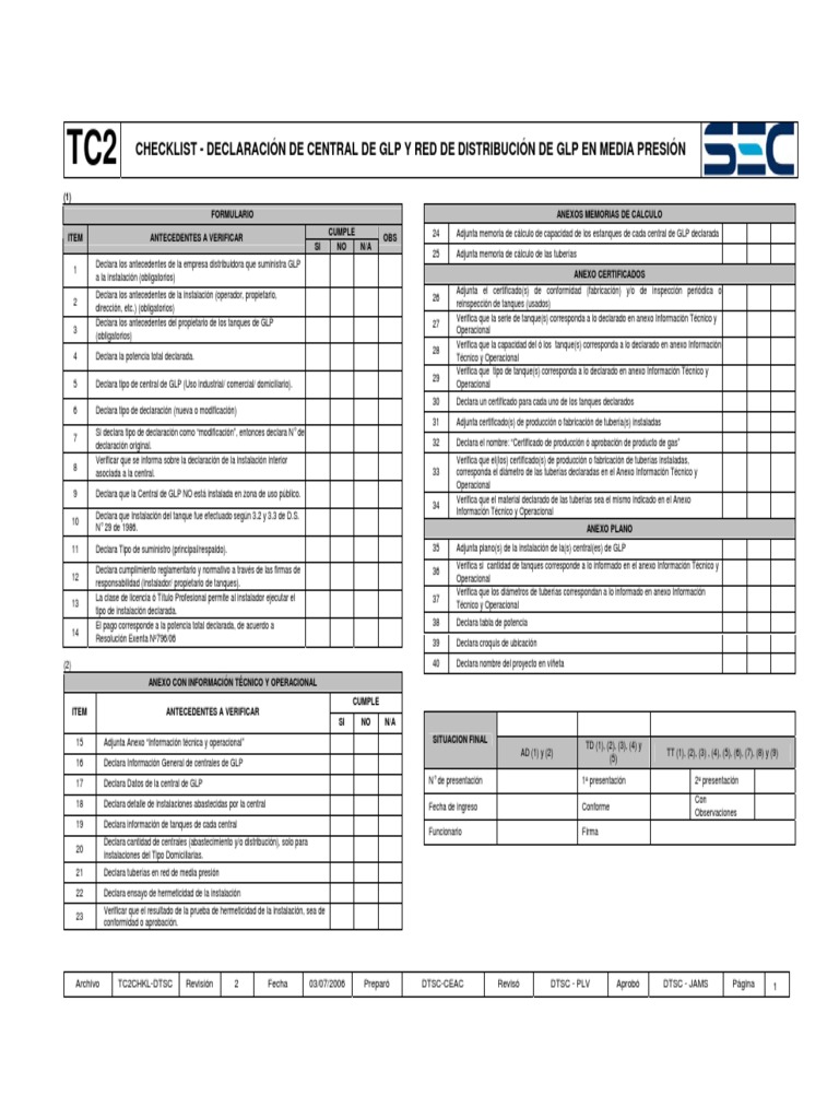 Checklist GLP | PDF | Tanques | Tubería (transporte de fluidos)