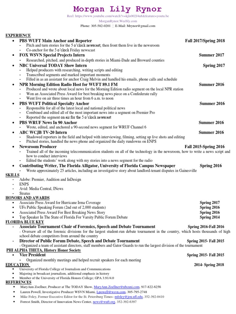 Morgan Rynor Journalism Resume | PDF | News Broadcasting | News Media