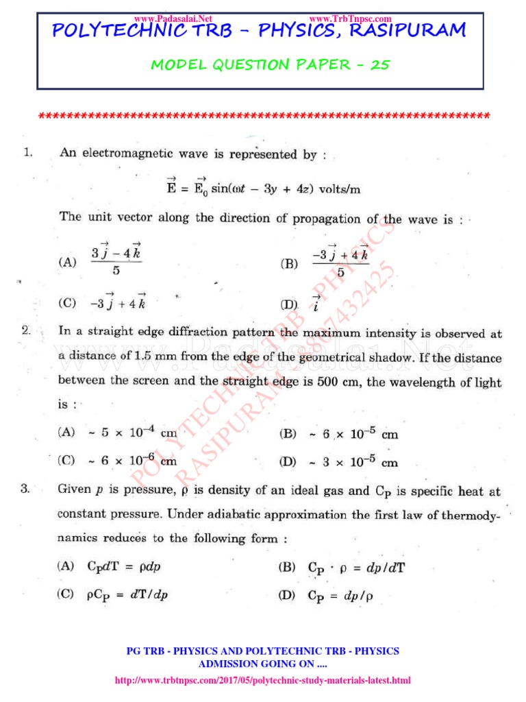 Polytechnic Physics PGTRB Model Question Paper 25 | PDF | Science ...