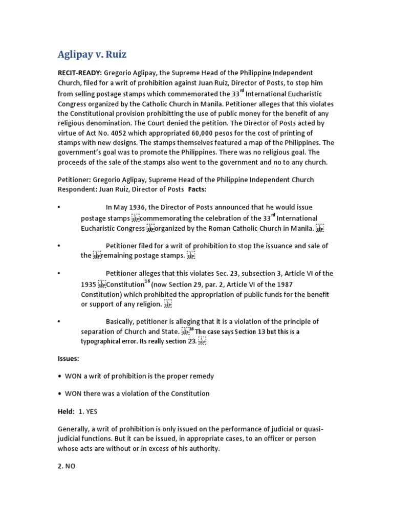 Aglipay v. Ruiz: RECIT-READY: Gregorio Aglipay, The Supreme Head of The ...