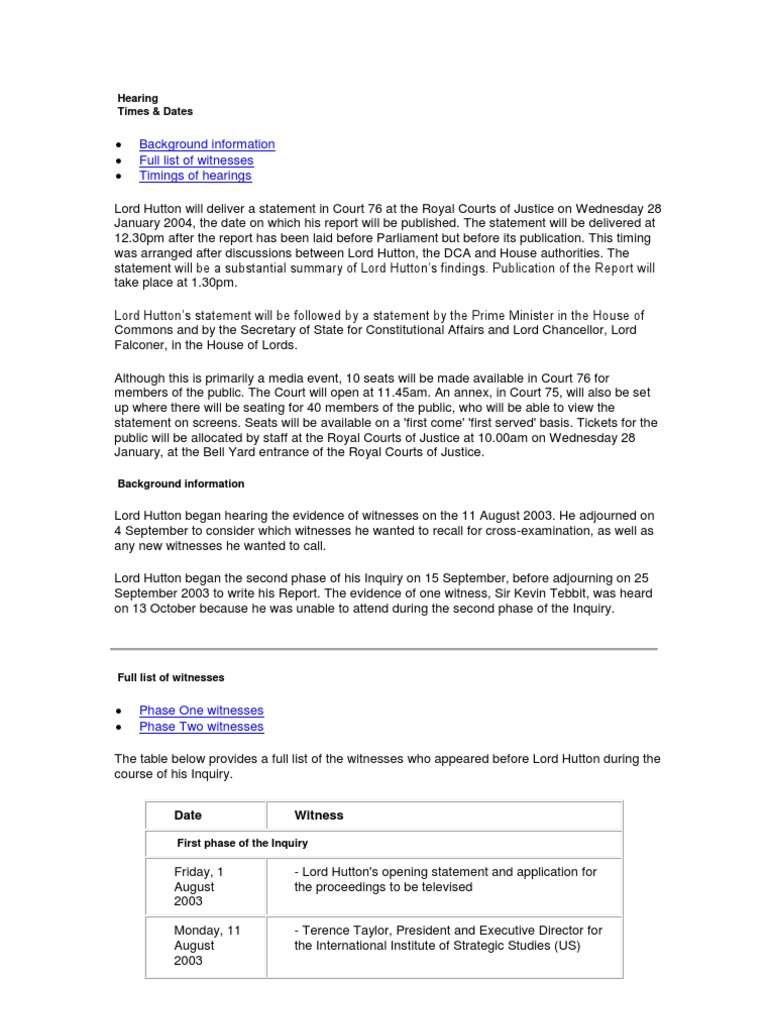 Background Information Full List of Witnesses Timings of Hearings | PDF ...