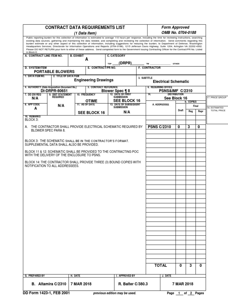 Contract Data Requirements List: (1 Data Item) Form Approved OMB No. 0704-0188 | PDF ...