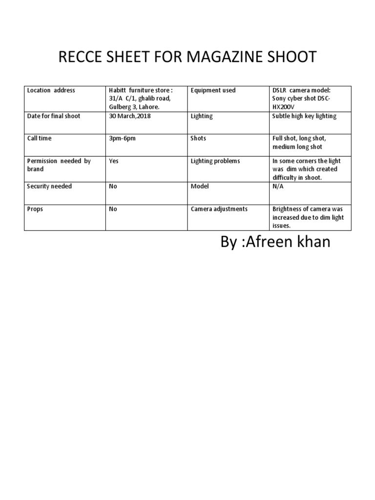 Recce Sheet For Magazine Shoot | PDF