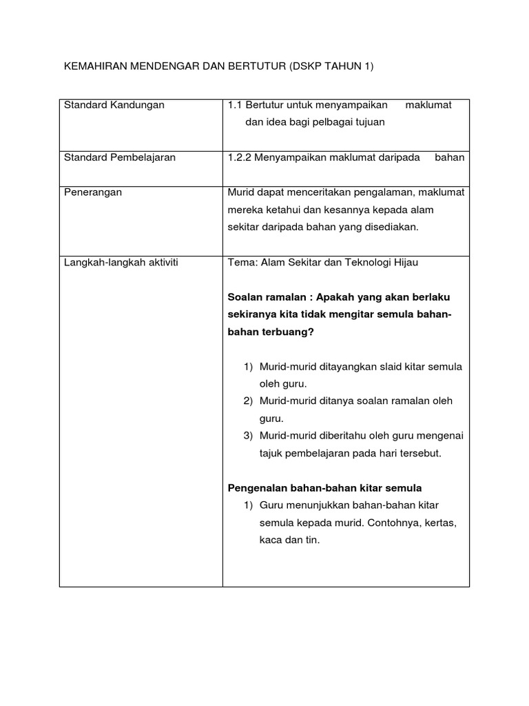 DSKP Tahun 1 (Alam Sekitar) | PDF