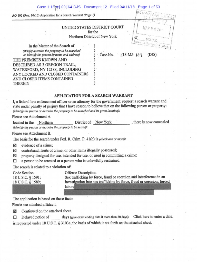 Application For Search Warrant NXIVM Investigation | PDF