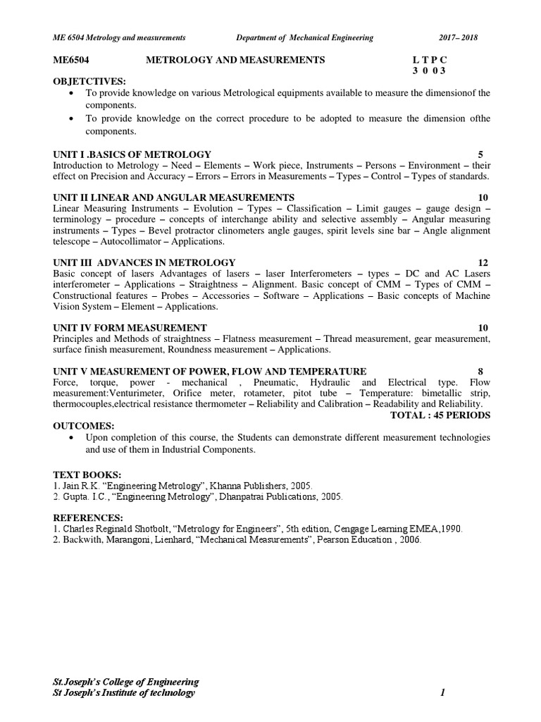 ME 6504 Metrology and Measurements Department of Mechanical Engineering 2017 - 2018 | PDF ...