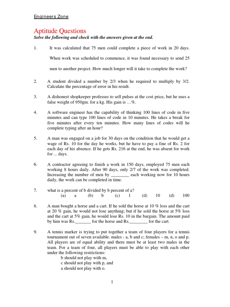 Aptitude Questions: Solve The Following and Check With The Answers ...