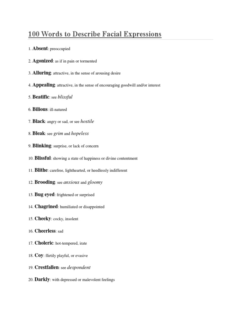 100 Words To Describe Facial Expressions | Download Free PDF | Emotions ...