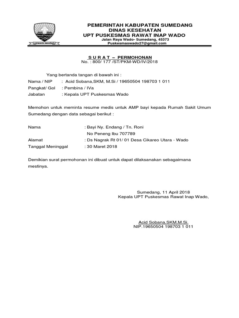 Contoh Permohonan Resume Medis AMP UPT Puskesmas Wado | PDF