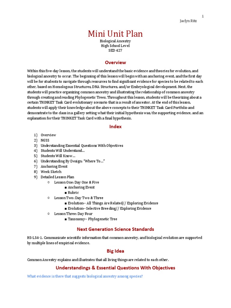 Mini Unit Plan: 1 Jaclyn Ritz | Download Free PDF | Evolution ...